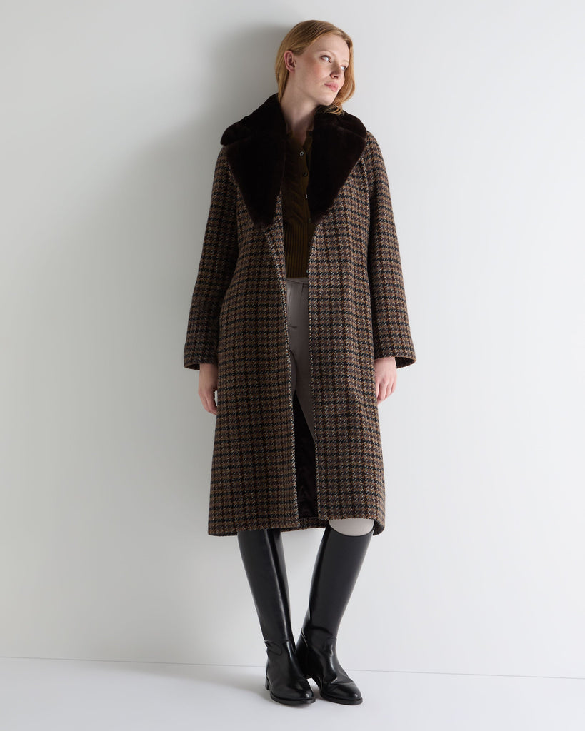 Women's Dogtooth Fur Trim Coat Brown | N.Peal